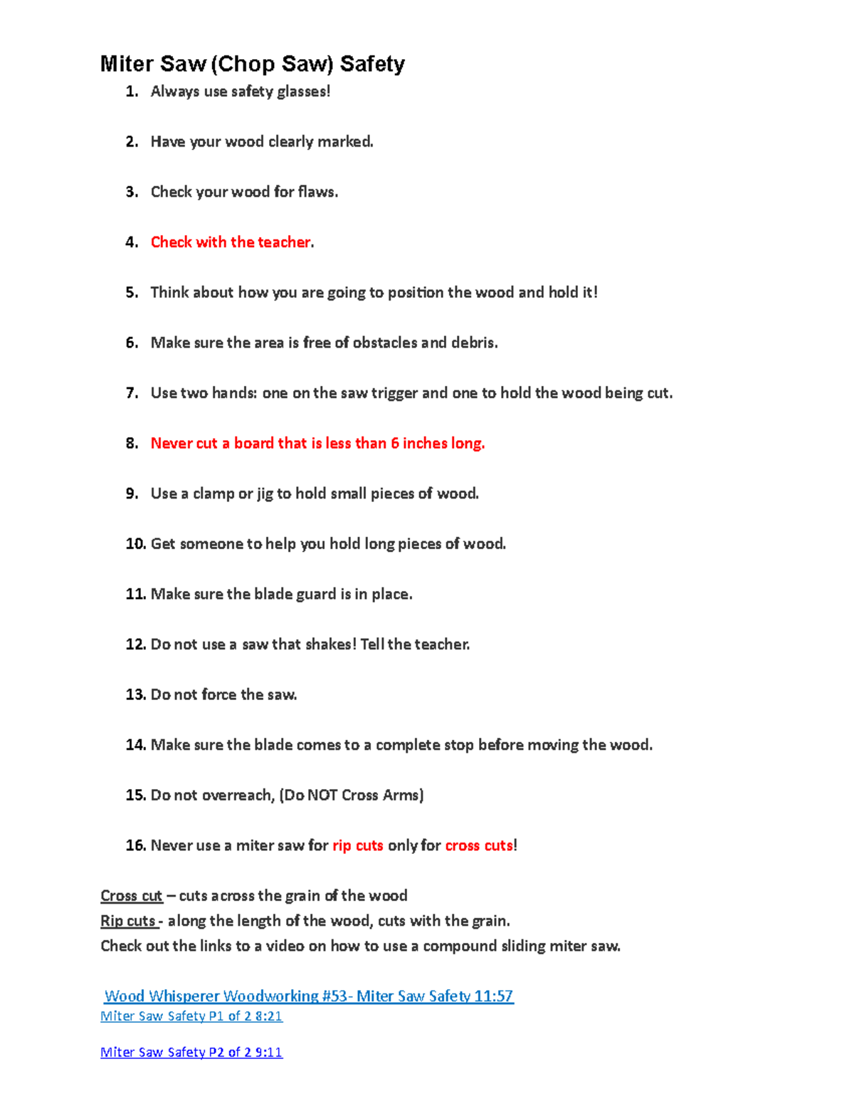 Miter Saw Operation Tips - Miter Saw (Chop Saw) Safety Always use ...