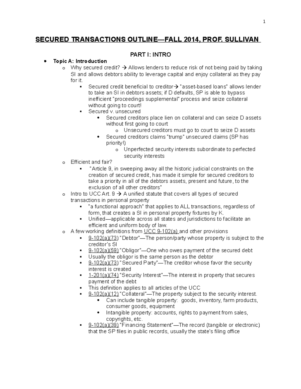 Secured Transactions Sullivan - SECURED TRANSACTIONS OUTLINE—FALL 2014 ...