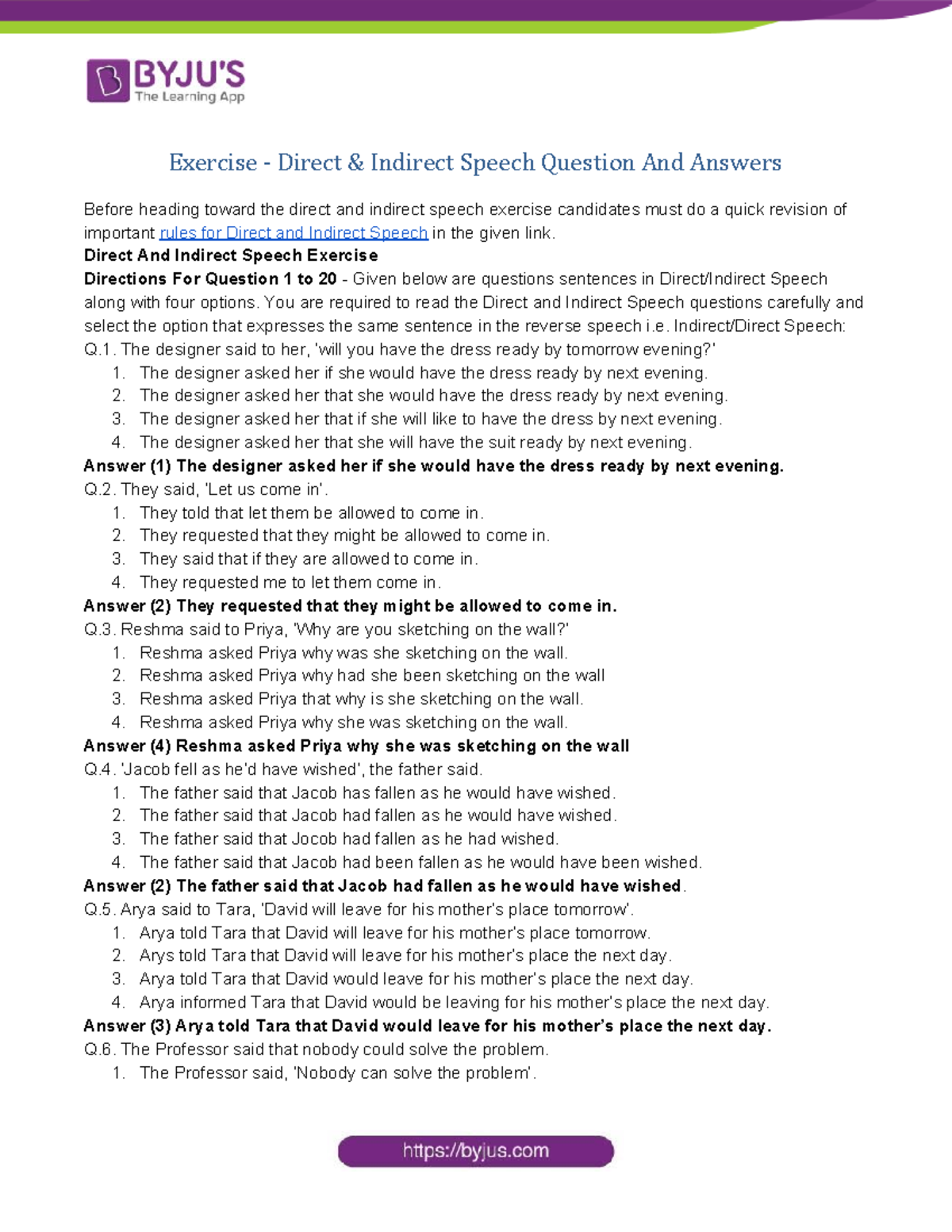 Direct Indirect Speech Question And Answers - Exercise - Direct & Indirect Speech Question And ...