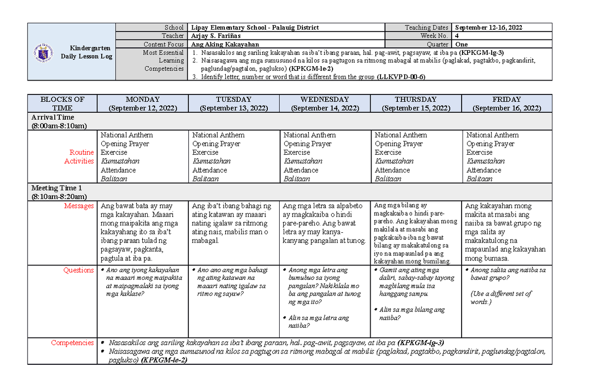 Kindergarten-DLL-MELC-Q1-Week 4 asf - Kindergarten Daily Lesson Log School Lipay Elementary ...