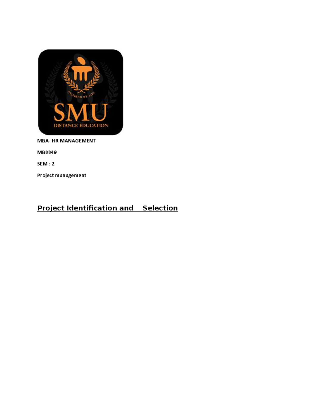 Project Identification and Selection pdf - MBA- HR MANAGEMENT MB SEM ...
