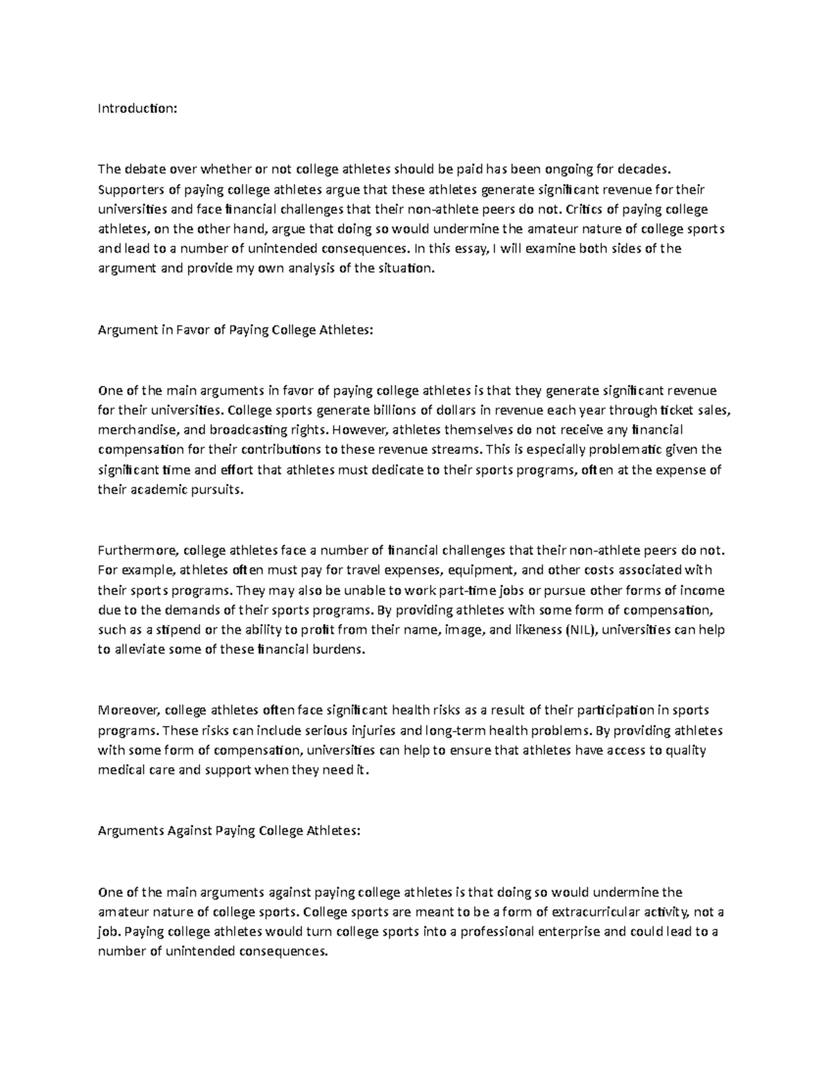 Should athelets get paid - Introduction: The debate over whether or not ...