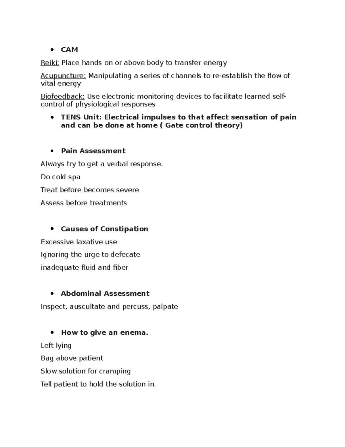 CAM - AM - Summary Nursing Fundamentals - CAM Reiki: Place hands on or ...