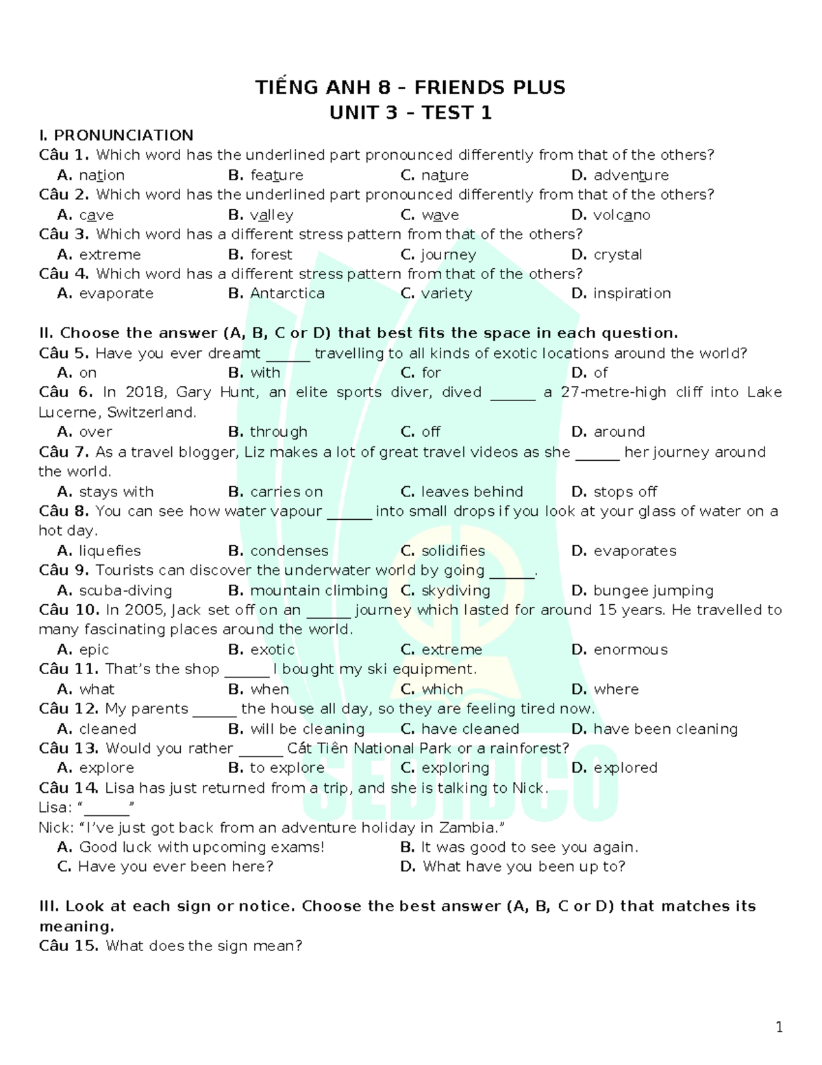 Tieng Anh 8 Friends Plus - Unit 3 - Test 1 - TIẾNG ANH 8 – FRIENDS PLUS ...