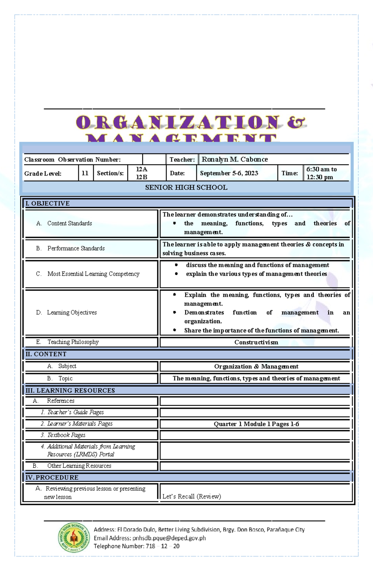 Lesson Plan Organization Management-Week-1 - Classroom Observation ...