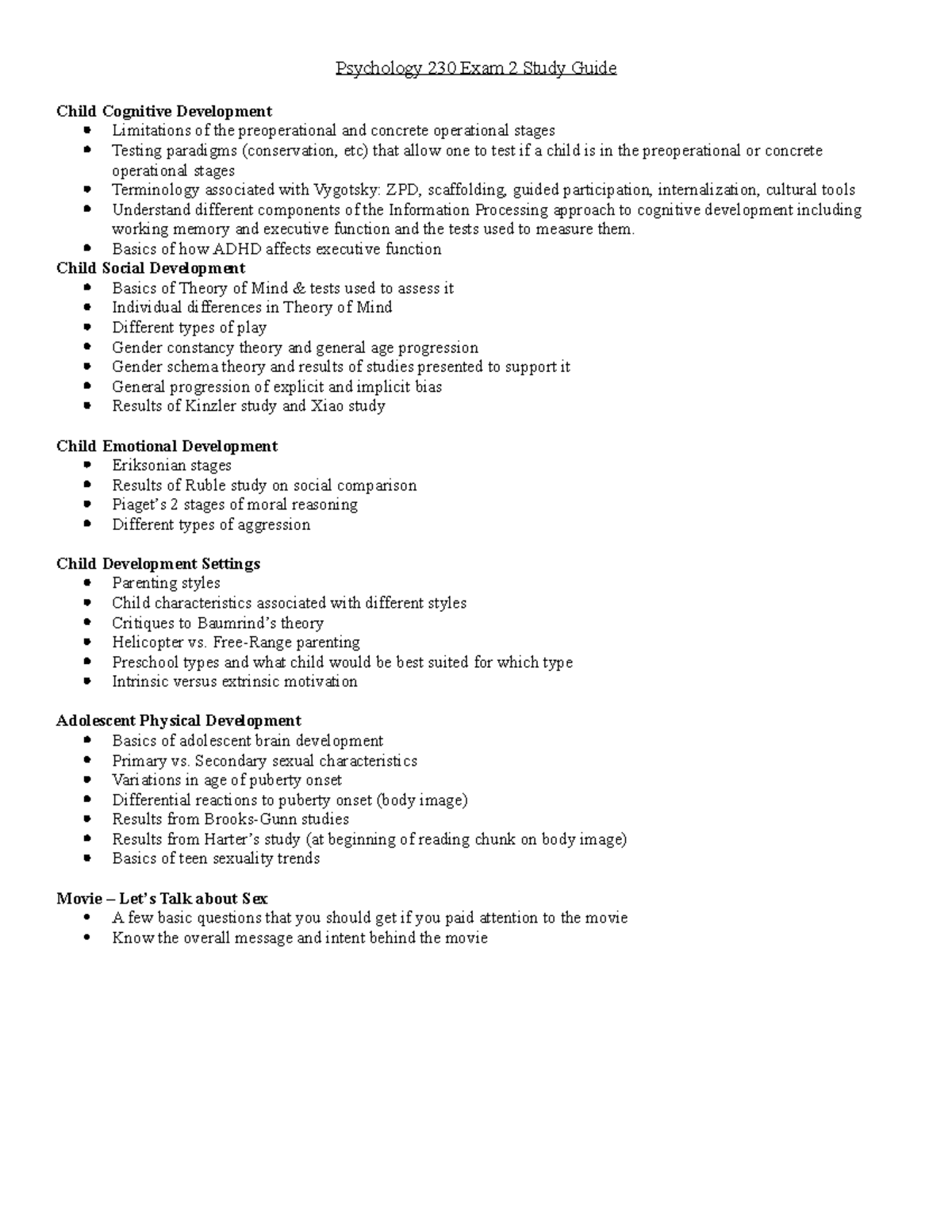 Exam 2 study guide - Psychology 230 Exam 2 Study Guide Child Cognitive ...