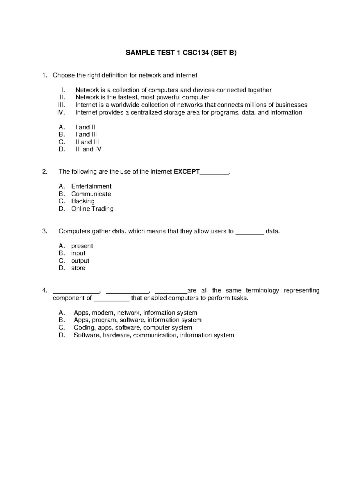 Sample TEST 1 CSC134 (SET B) - Questions - SAMPLE TEST 1 CSC134 (SET B ...