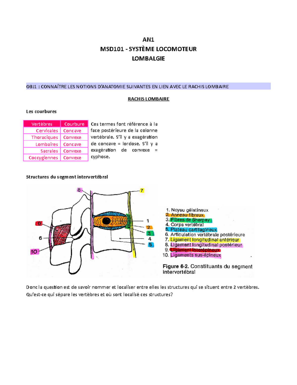 Locop 7 - Lombalgie - Notes de cours 7 - AN MSD101 - SYSTÈME LOCOMOTEUR ...