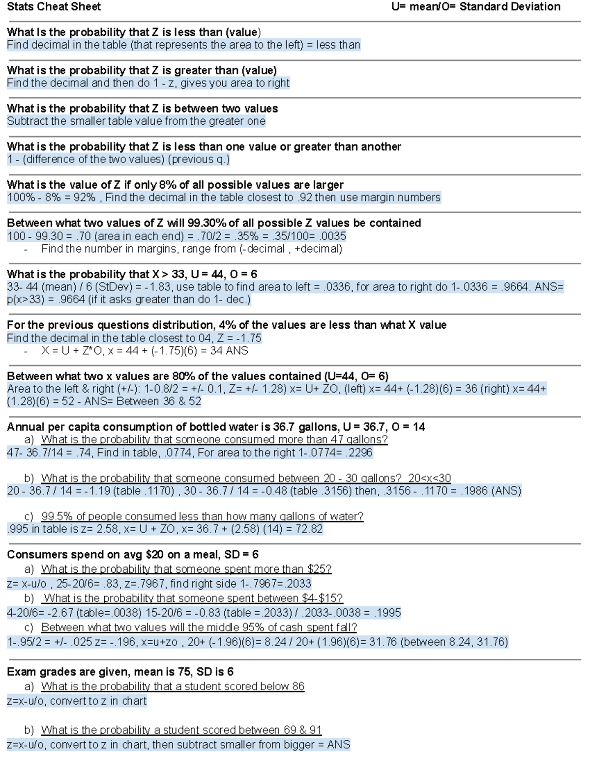 Stats Cheat Sheet - ) What is the value of Z if only 8% of all possible ...
