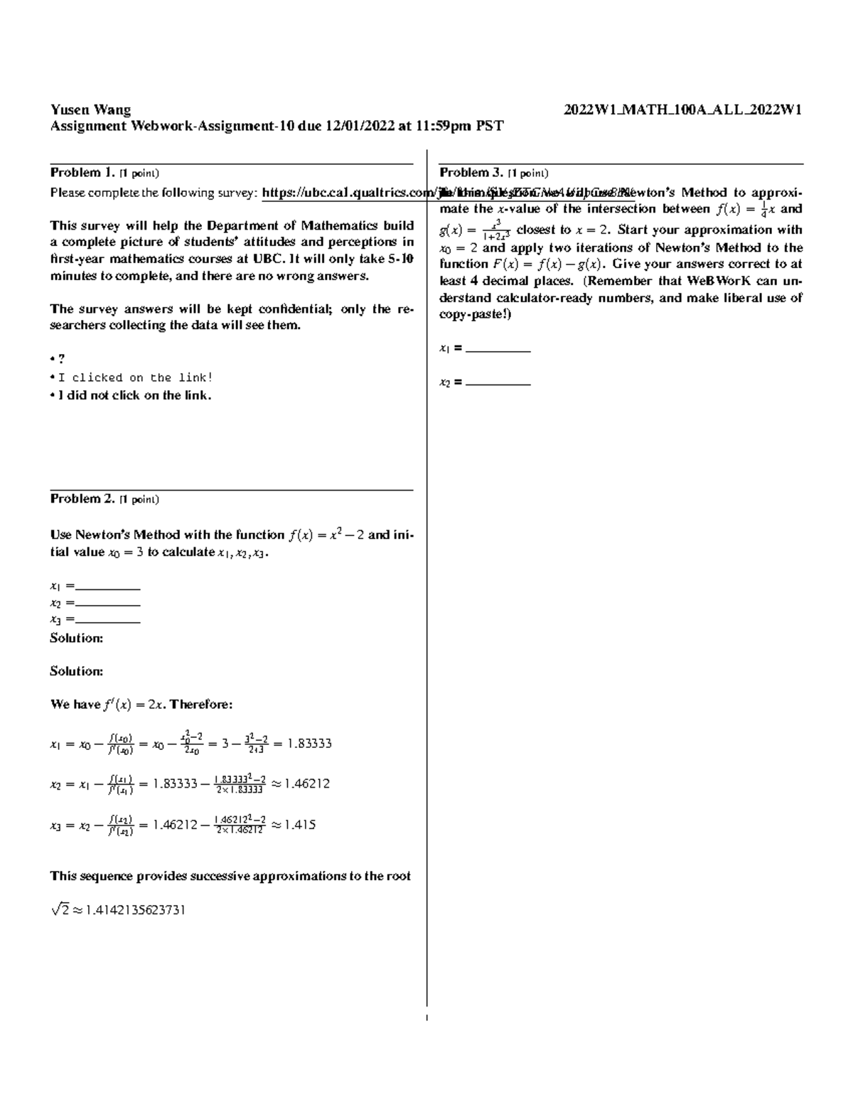 2022W1 MATH 100 A ALL 2022W1 - Yusen Wang 2022W1 MATH 100A ALL 2022W ...