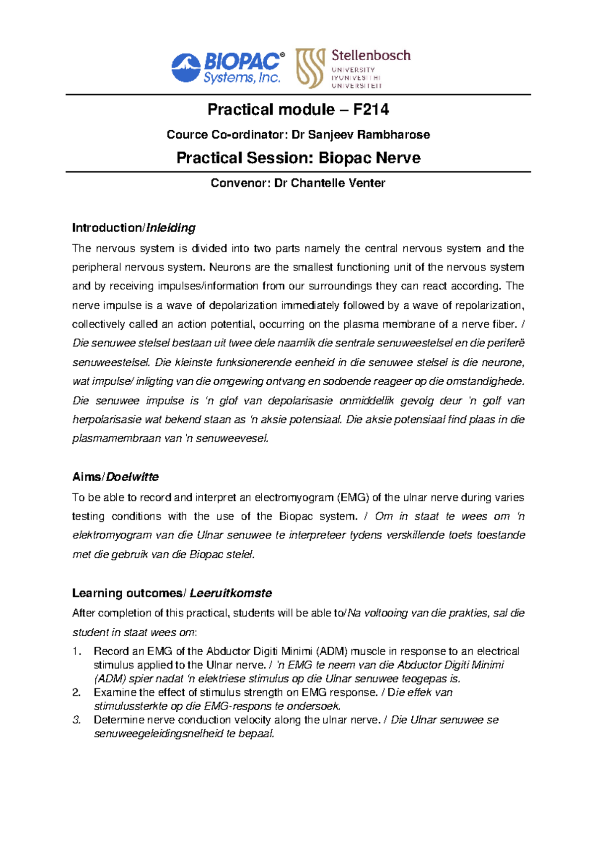 F214 Nerve Practical module Introduction, Aims and Learning outcomes ...
