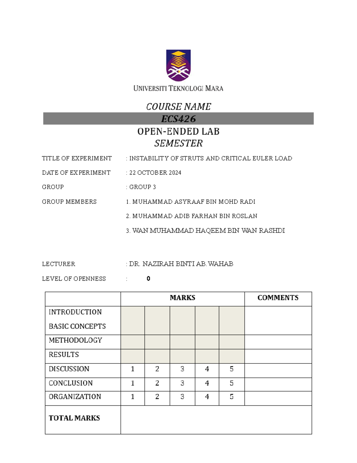 LAB 3 Instability OF Struts AND Critical Euler LOAD - TITLE OF EXPERIMENT : INSTABILITY OF ...