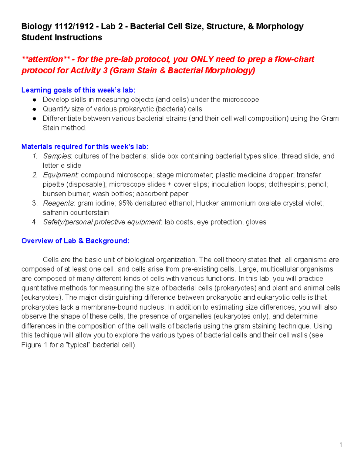 Lab 2 - Bacterial Cell Size Morphology - Student Instructions Spring ...