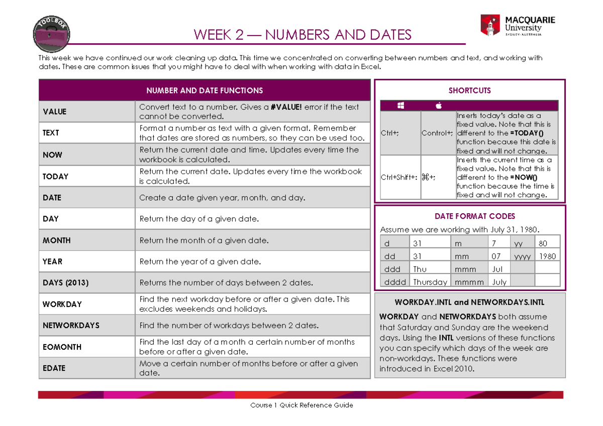 C1W2 - Excel notes - Course 1 Quick Reference Guide WEEK 2 — NUMBERS ...