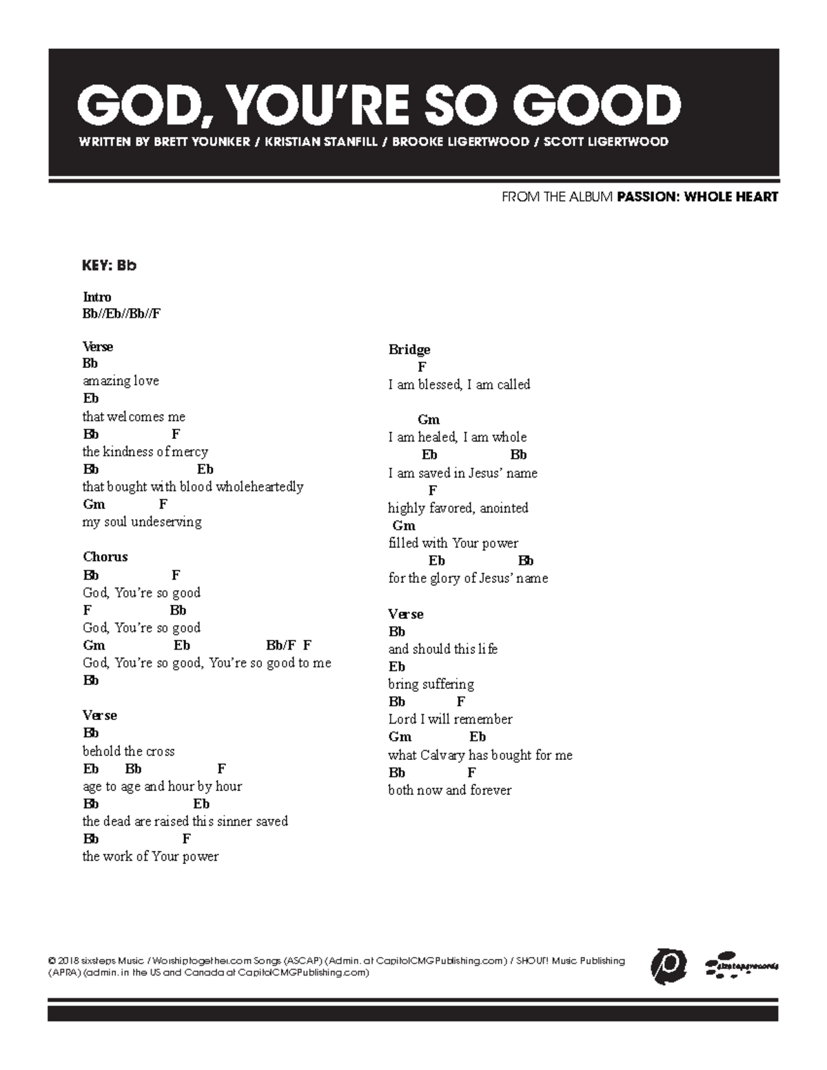 Passion chordchart God Youre So Good-1 - GOD, YOU’RE SO GOOD KEY: Bb ...