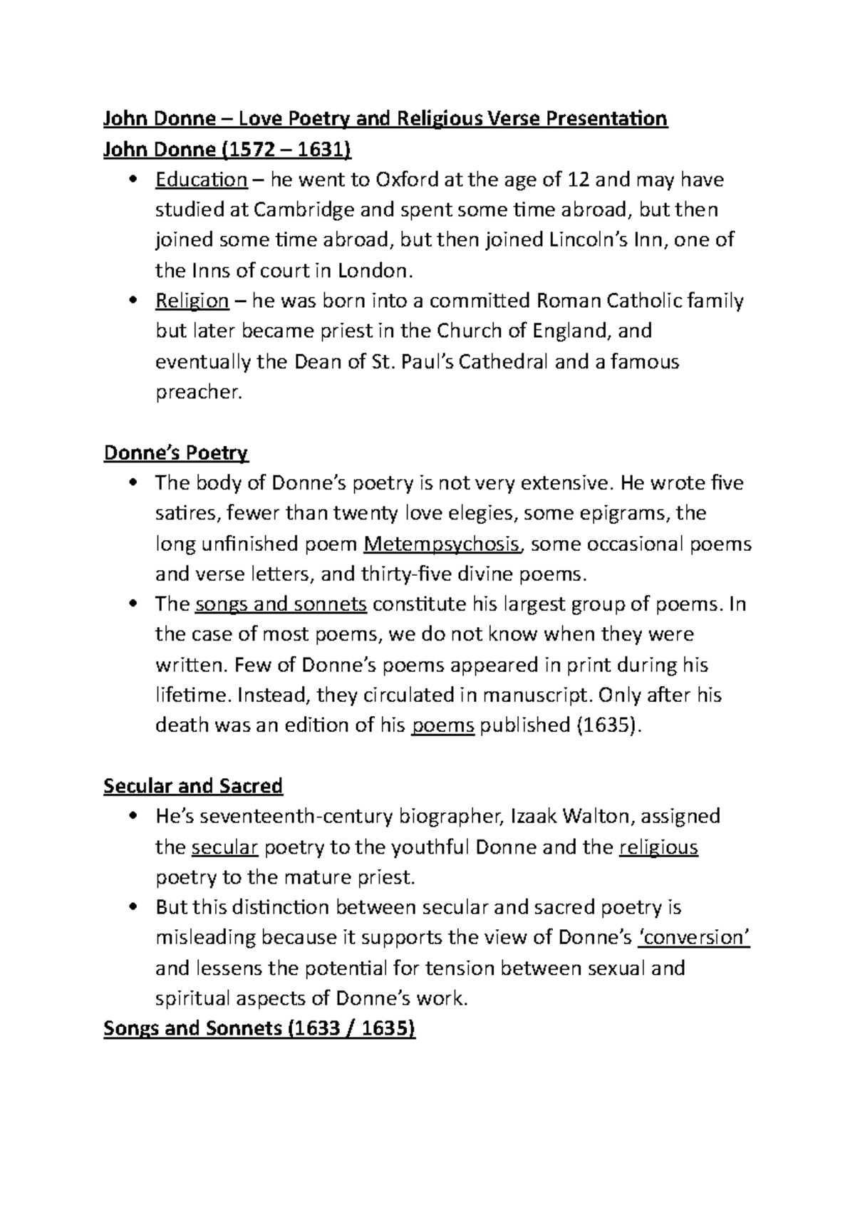 17th Century Poetry Notes John Donne - John Donne – Love Poetry and ...