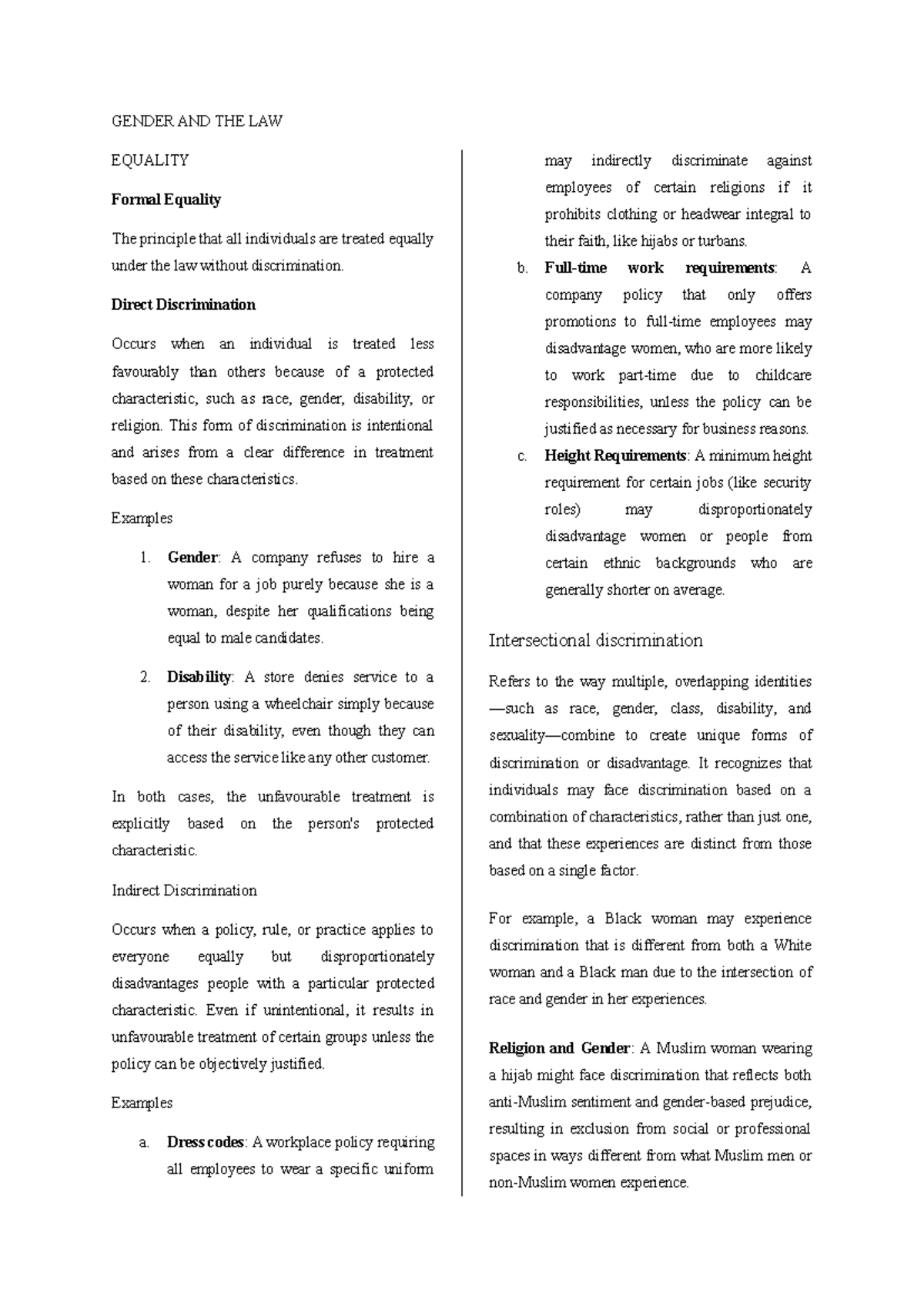 Gender AND THE LAW - Lecturer Notes on Equality and Some content on ...