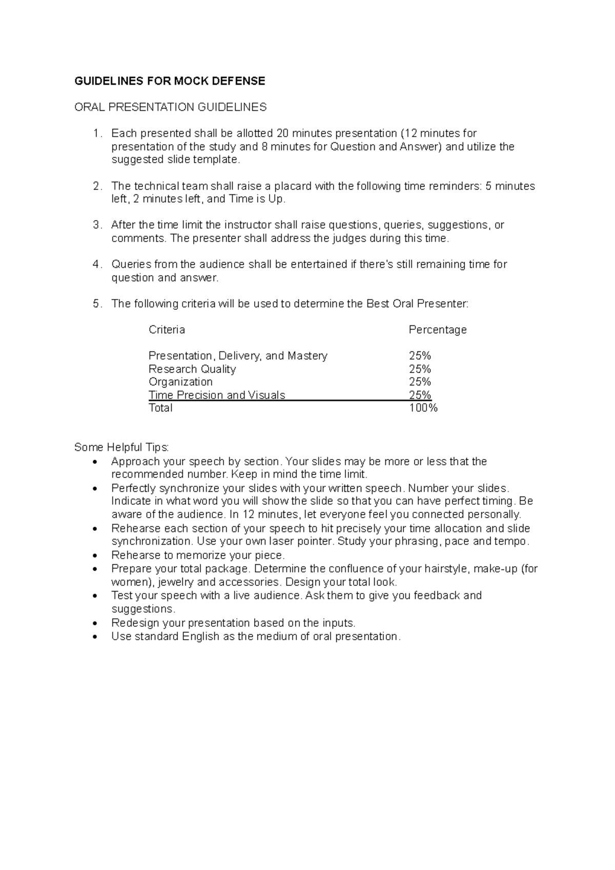 Mock Defense Guidelines - GUIDELINES FOR MOCK DEFENSE ORAL PRESENTATION ...