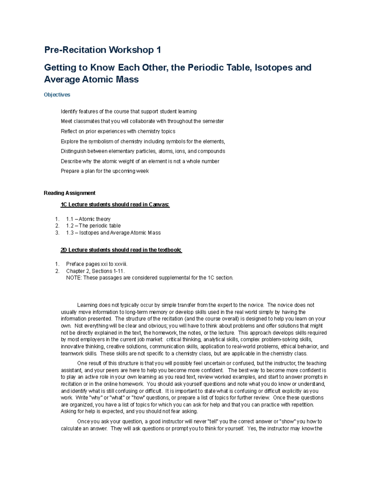 Week 1 Pre Rec Assignmentquestions For Lecture Pre Recitation Workshop 1 Getting To Know