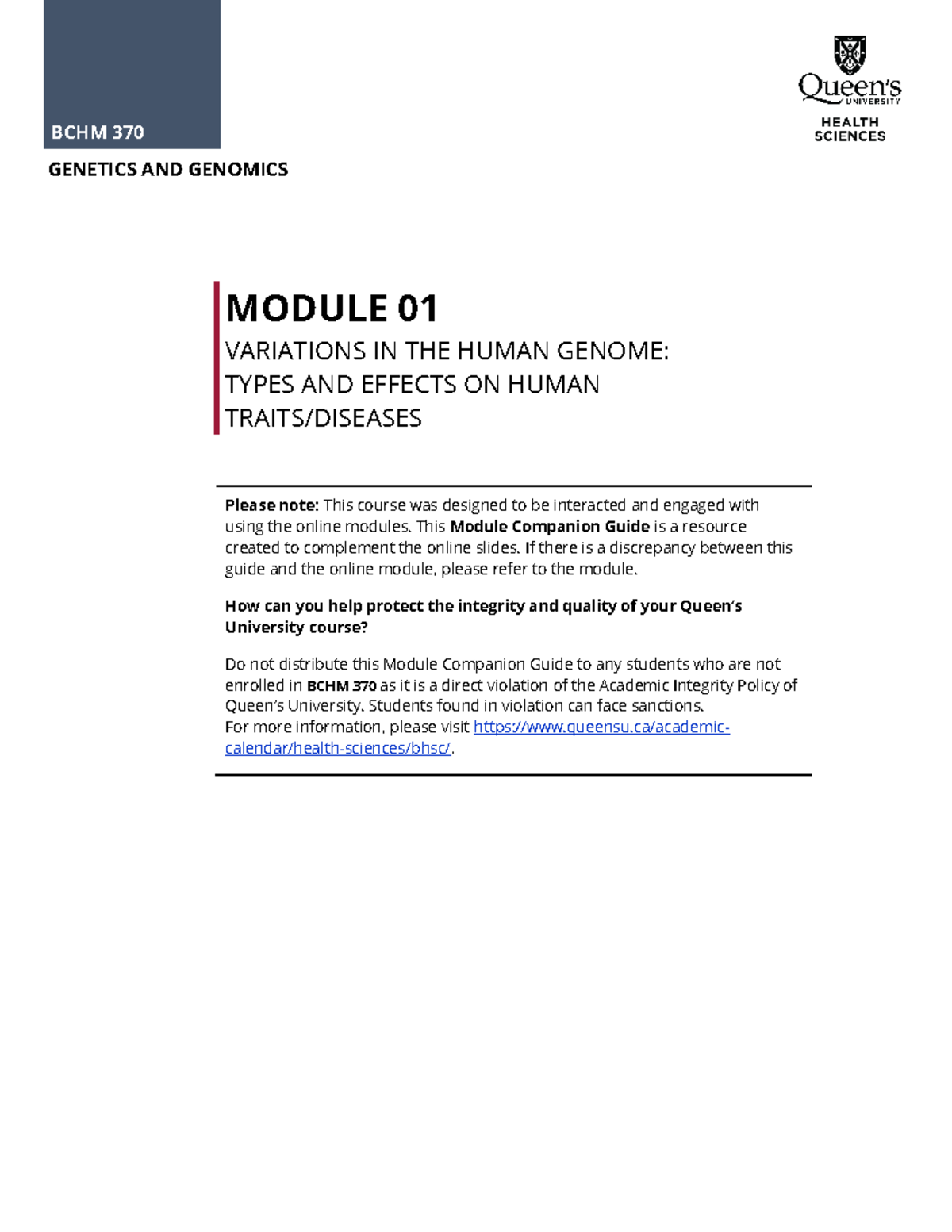 BCHM370 M01 OL on Q Companion Guide - MODULE 01 VARIATIONS IN THE HUMAN ...