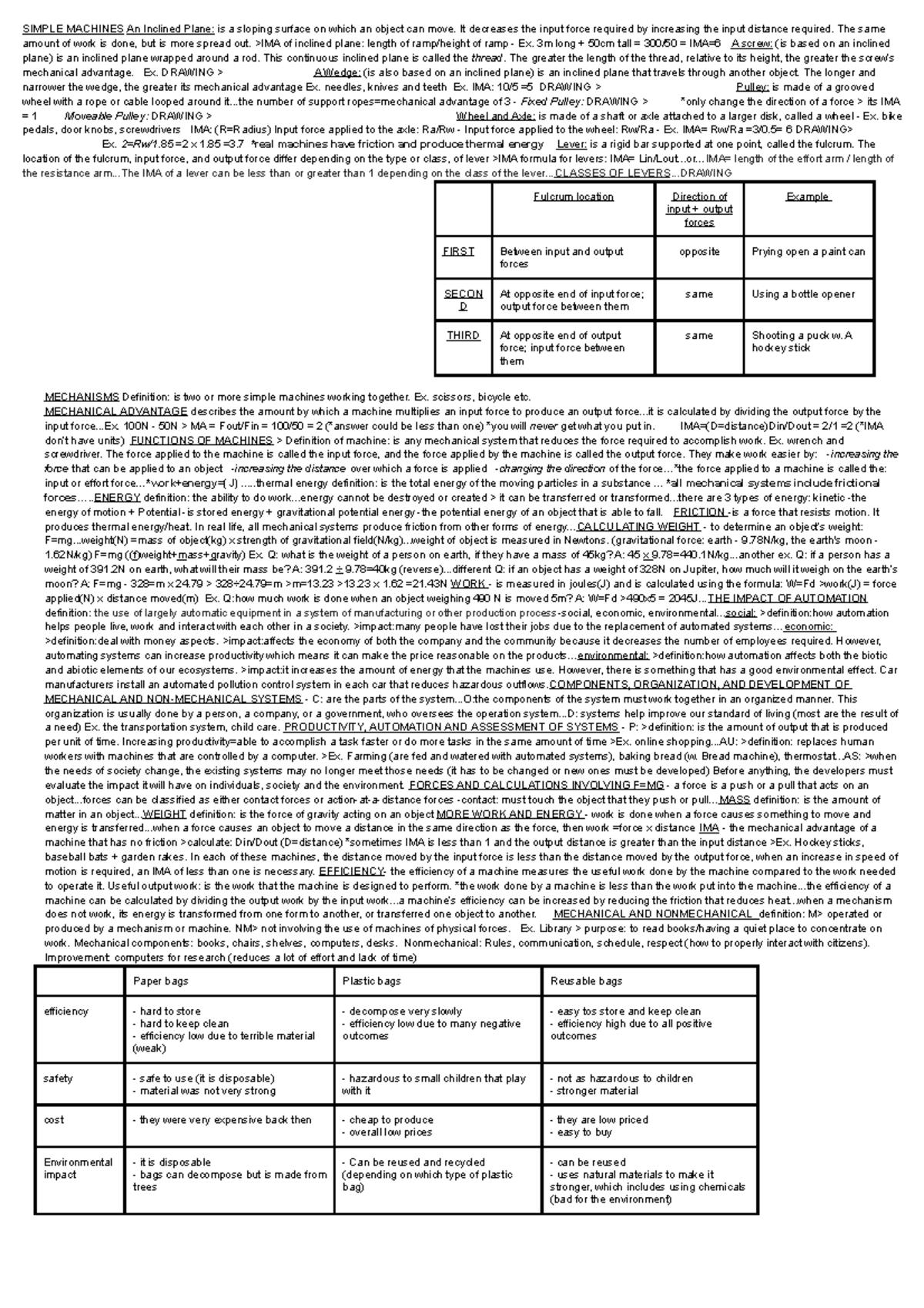 Science Study Sheet - WORK - SIMPLE MACHINES An Inclined Plane: is a ...