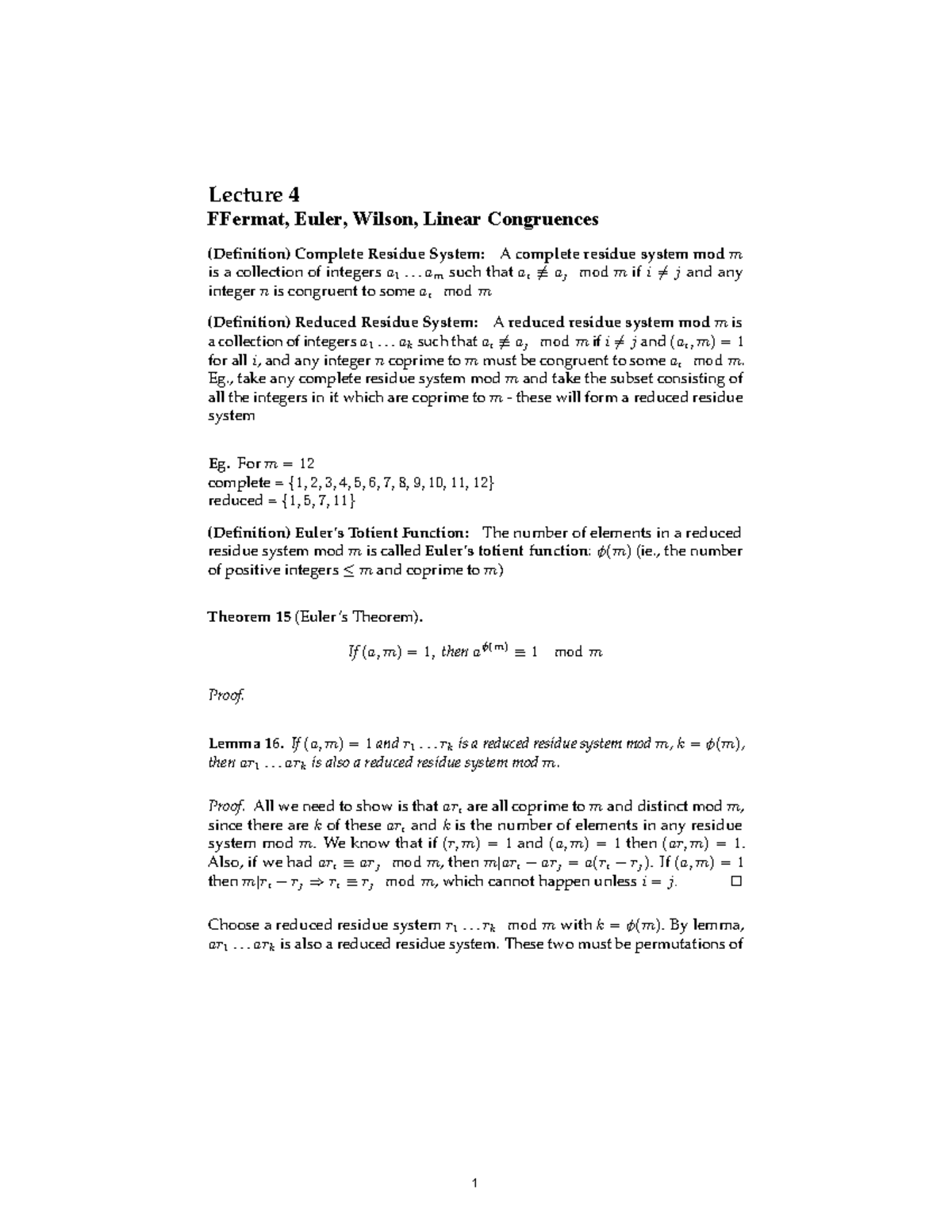 Theory Of Numbers Lecture 4 - Lecture 4 (Definition) Complete Residue ...