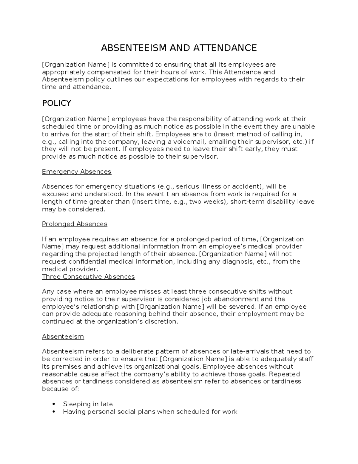 Attendance and Absenteeism Policy - ON - ABSENTEEISM AND ATTENDANCE ...