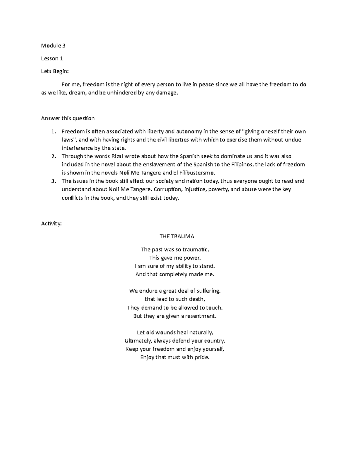 Regine Perez Final - just read - Module 3 Lesson 1 Lets Begin: For me ...