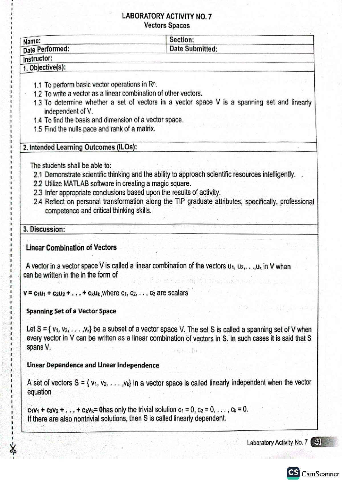Laboratory Activity # 7 Vectors Spaces - Linear Algebra With Matlab - Studocu