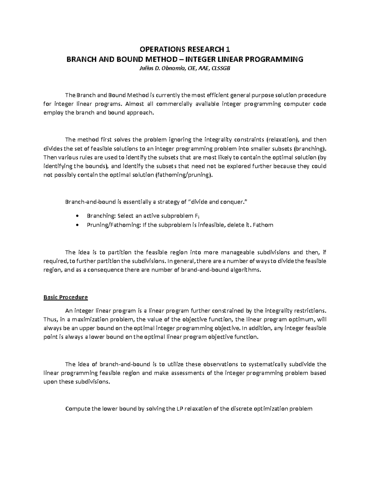 OR1 Branch and Bound Method 1 - OPERATIONS RESEARCH 1 BRANCH AND BOUND ...