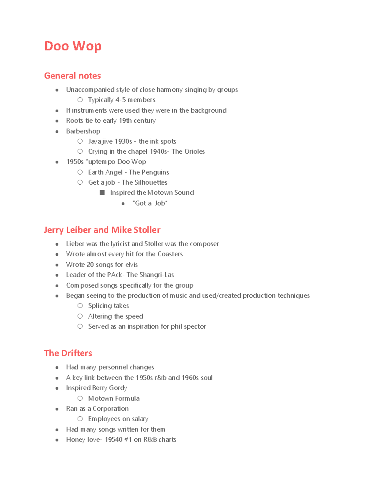 Doo Wop - History notes - Doo Wop General notes Unaccompanied style of ...