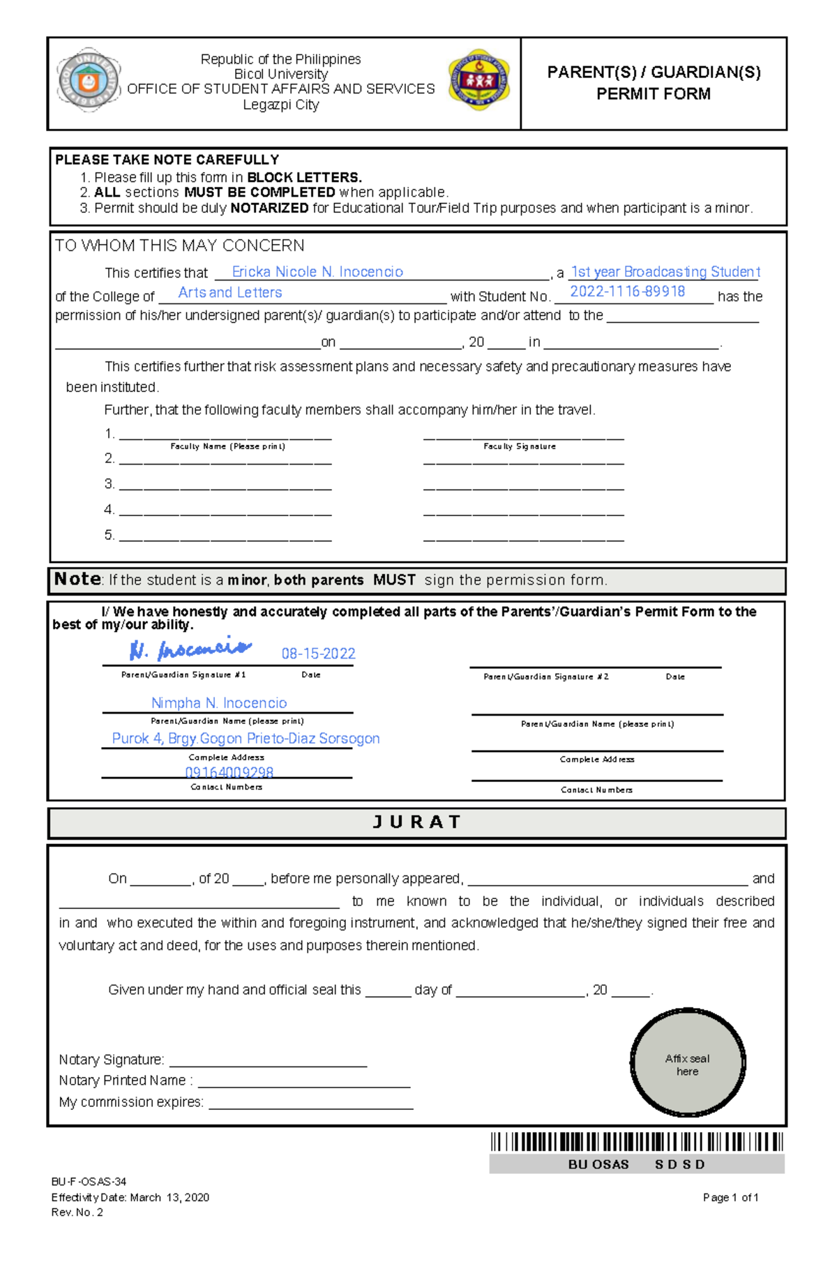Inocencio Ericka Nicole N - BU-F-OSAS- 34 Effectivity Date: March 13 ...
