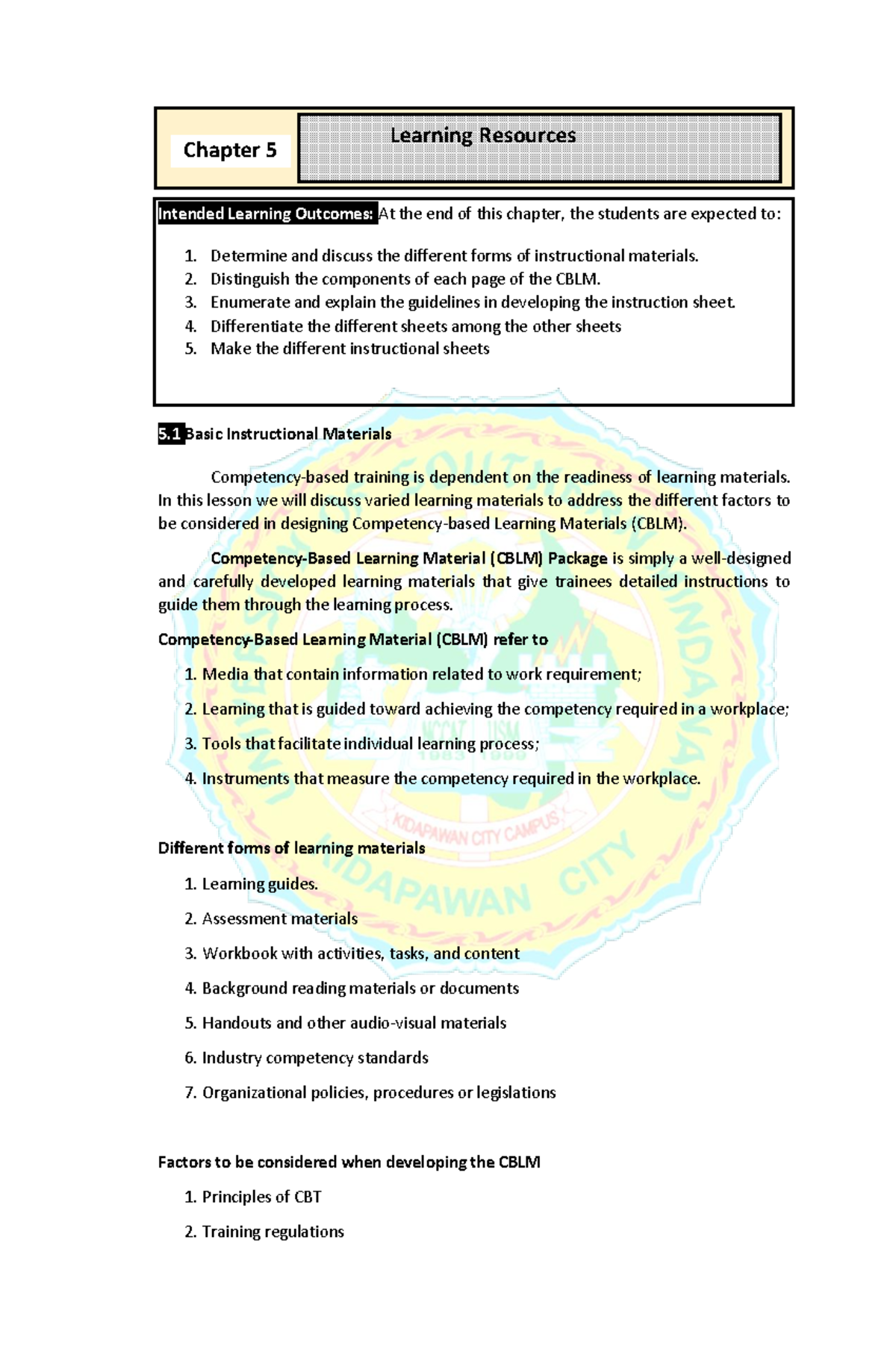 15 Learning Reources CBLM - Intended Learning Outcomes: At the end of ...