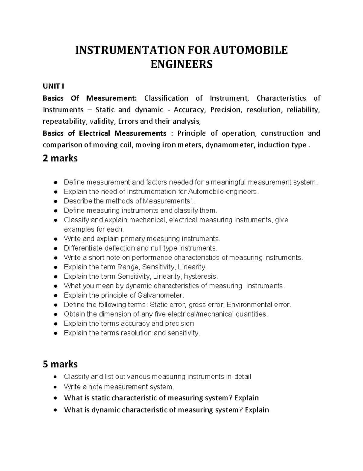 Instrumentation QB - Question bank - INSTRUMENTATION FOR AUTOMOBILE ...