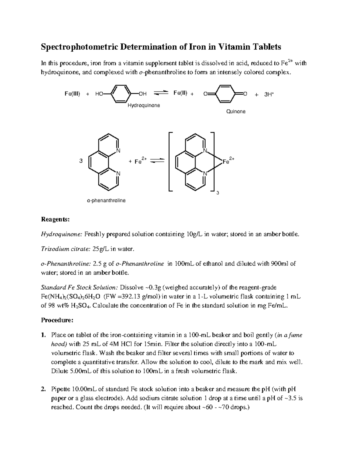 Spectrophotometric Determination Of Iron In Vitamin Tablets H O Oh O O N N Fe Iii Fe Ii