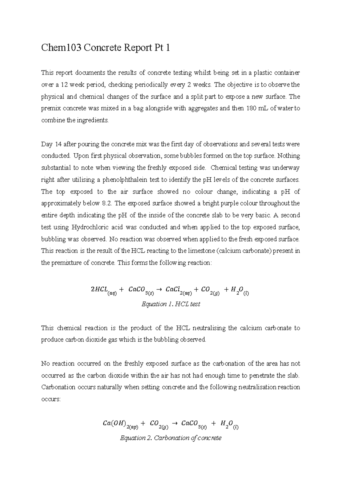 Chem103 Concrete Report Pt 1 - The objective is to observe the physical ...