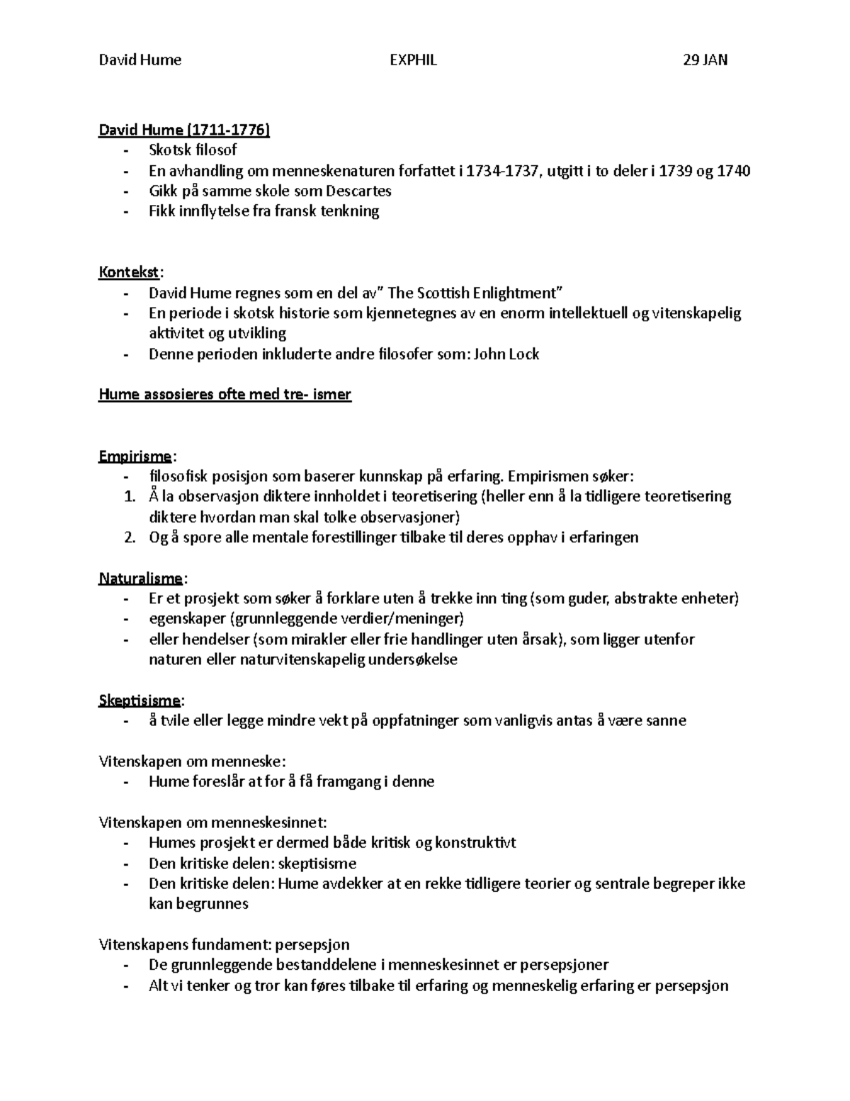 EXPHIL03- Forelesningsnotater David Hume - David Hume EXPHIL 29 JAN David Hume (1711-1776 ...
