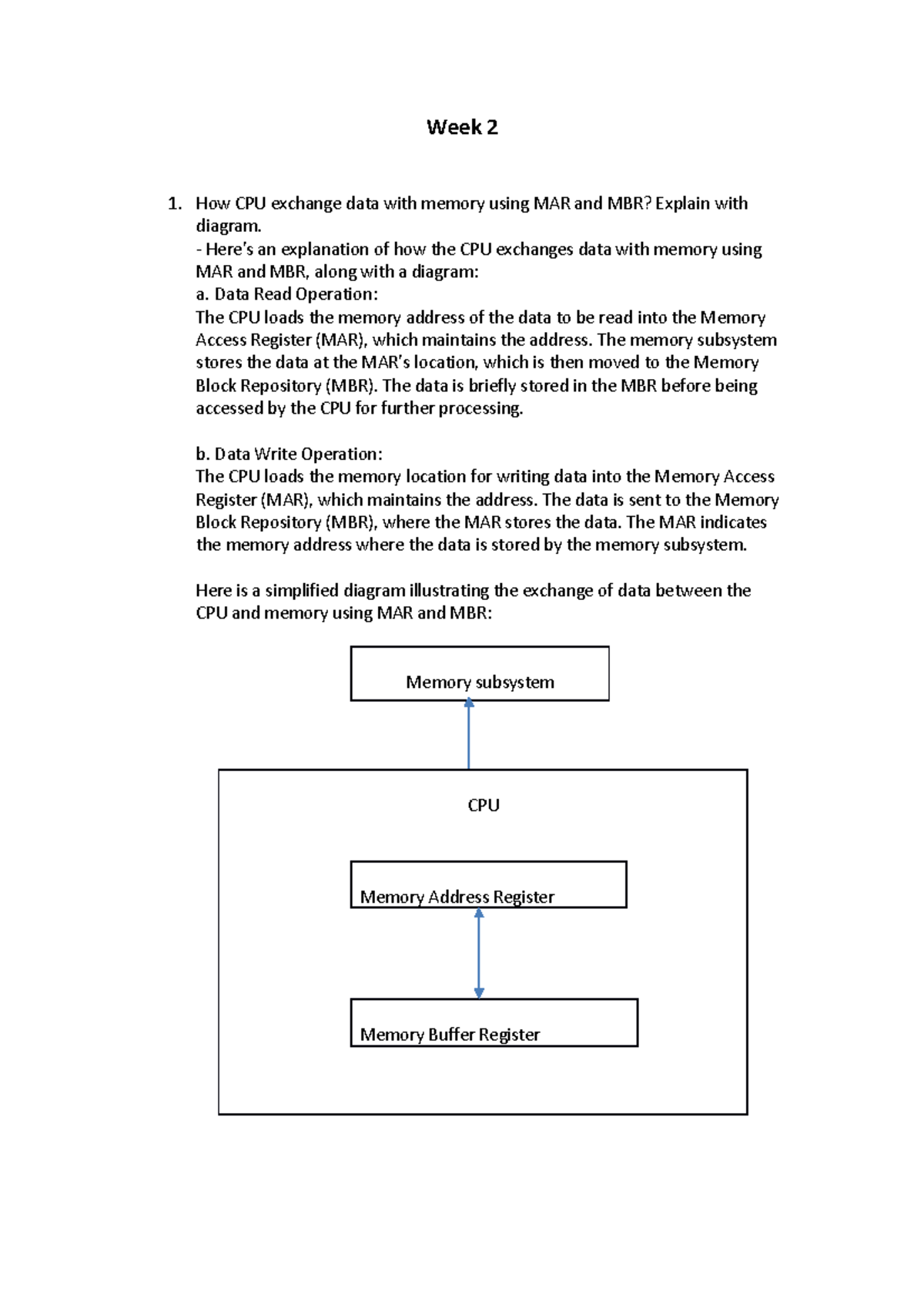 Tutorial 2 - A Top-Level View of Computer - Week 2 How CPU exchange data with memory using MAR ...
