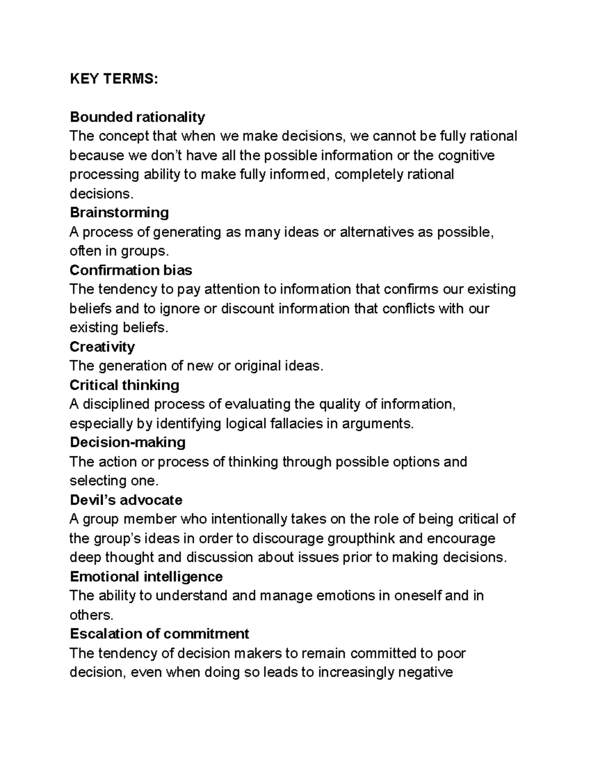 BUS201 Chpt 2 - Key Terms - KEY TERMS: Bounded rationality The concept ...