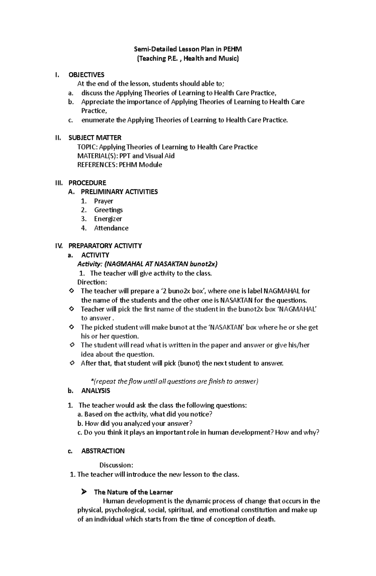 Semi dlp in PHEM Final - Semi-Detailed Lesson Plan in PEHM (Teaching P ...