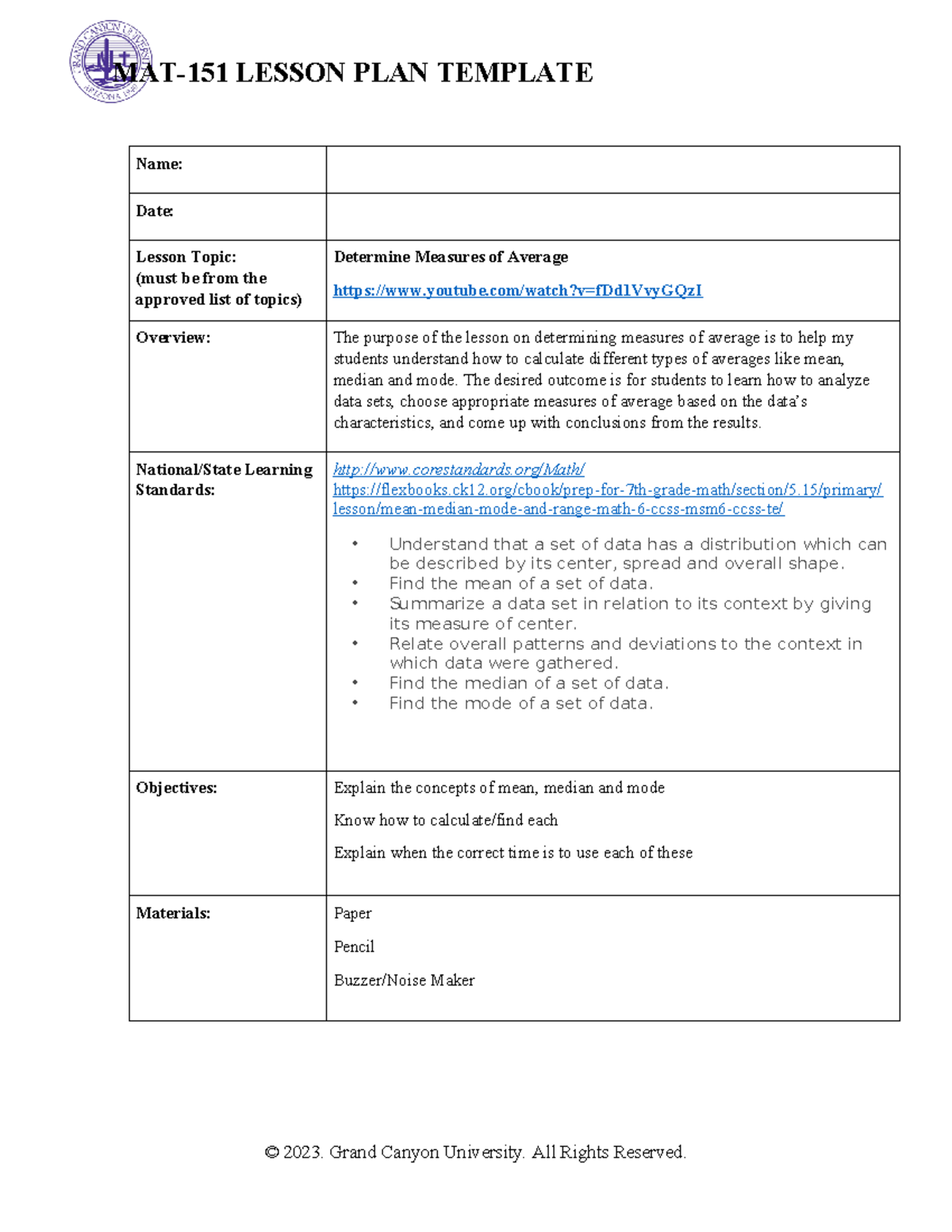 MAT-151 Lesson Plan Template - MAT-151 LESSON PLAN TEMPLATE Name: Date ...