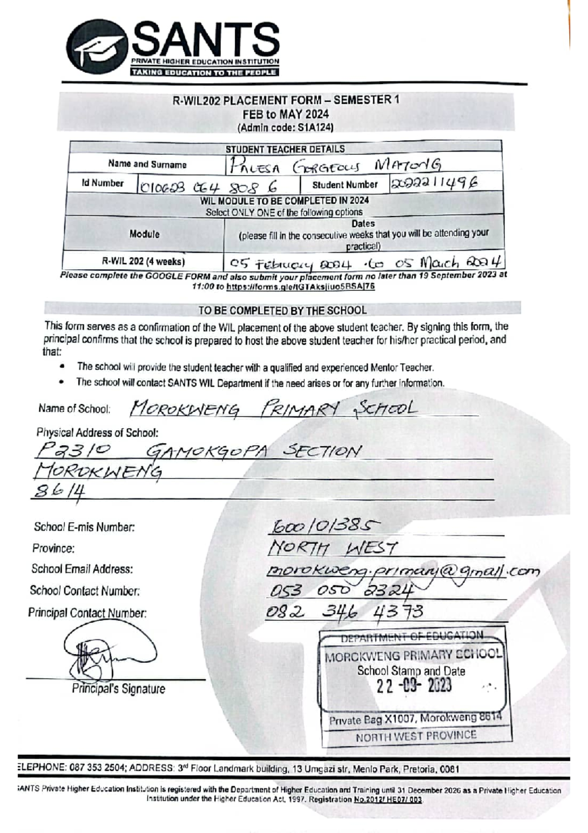 Palesa's Placement Form - Studocu