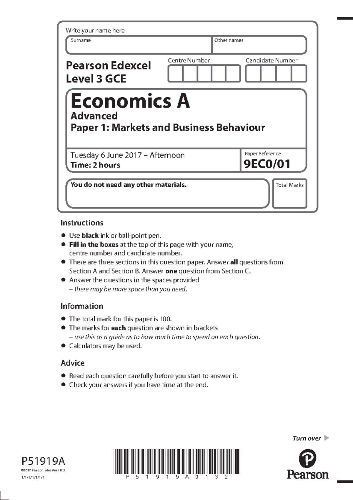 June 2017 QP - Paper 1 Edexcel (A) Economics A-level - Centre Number ...