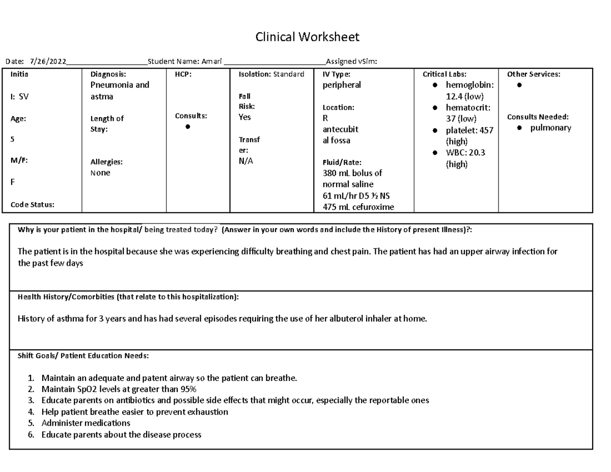 SV Clinical Worksheet - Date: 7/26/2022 Student Name: Amari Assigned ...