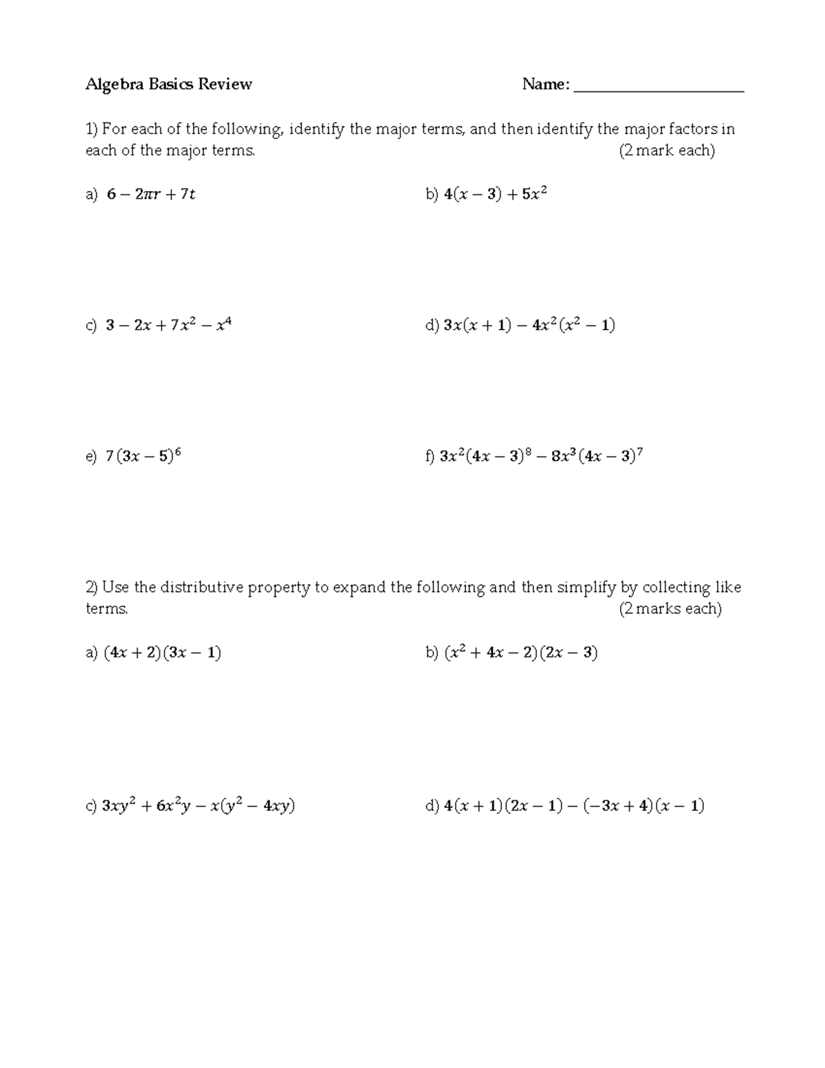 Algebra Basics Module Review Algebra Basics Review Name