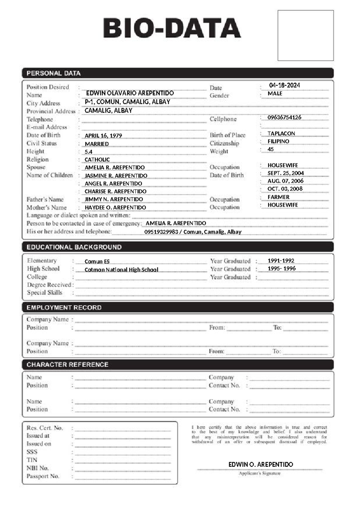 BIO DATA - ready to print biodata for all - EDWIN O. AREPENTIDO EDWIN ...