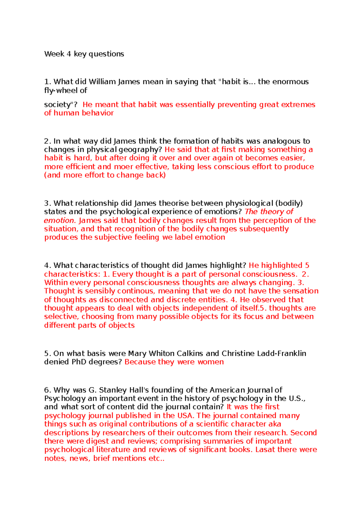 Week 4 key questions - Week 4 key questions What did William James mean ...