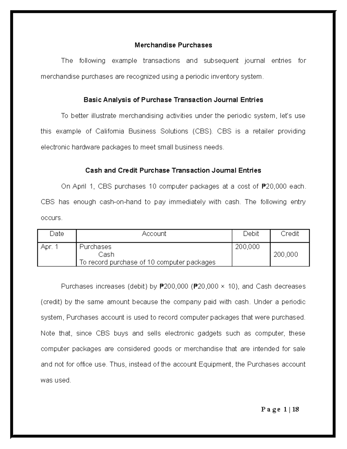 FABM - FABM Lecture notes - Merchandise Purchases The following example ...