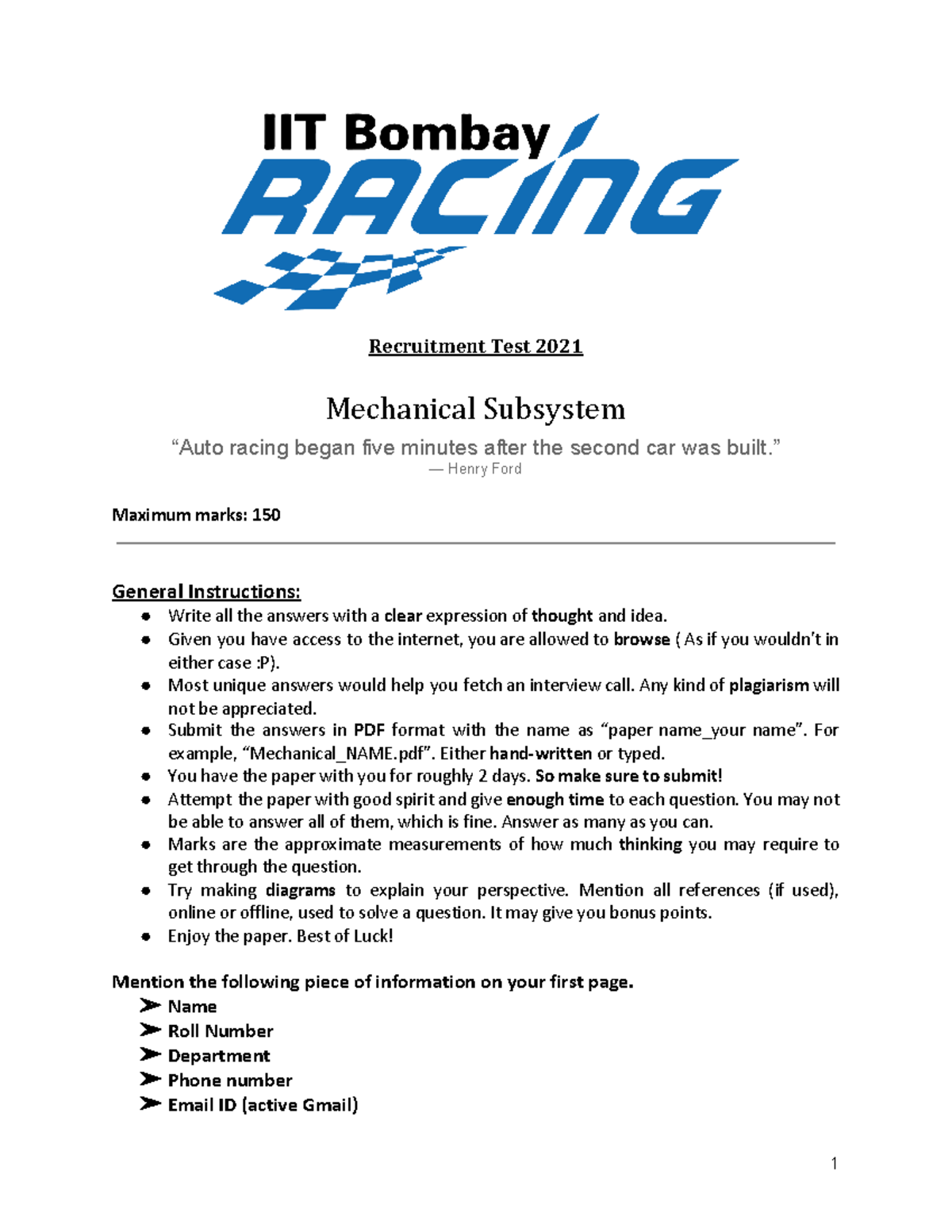 IITB Racing Recruitment - Mech paper 2021 - Recruitment Test 2021 ...