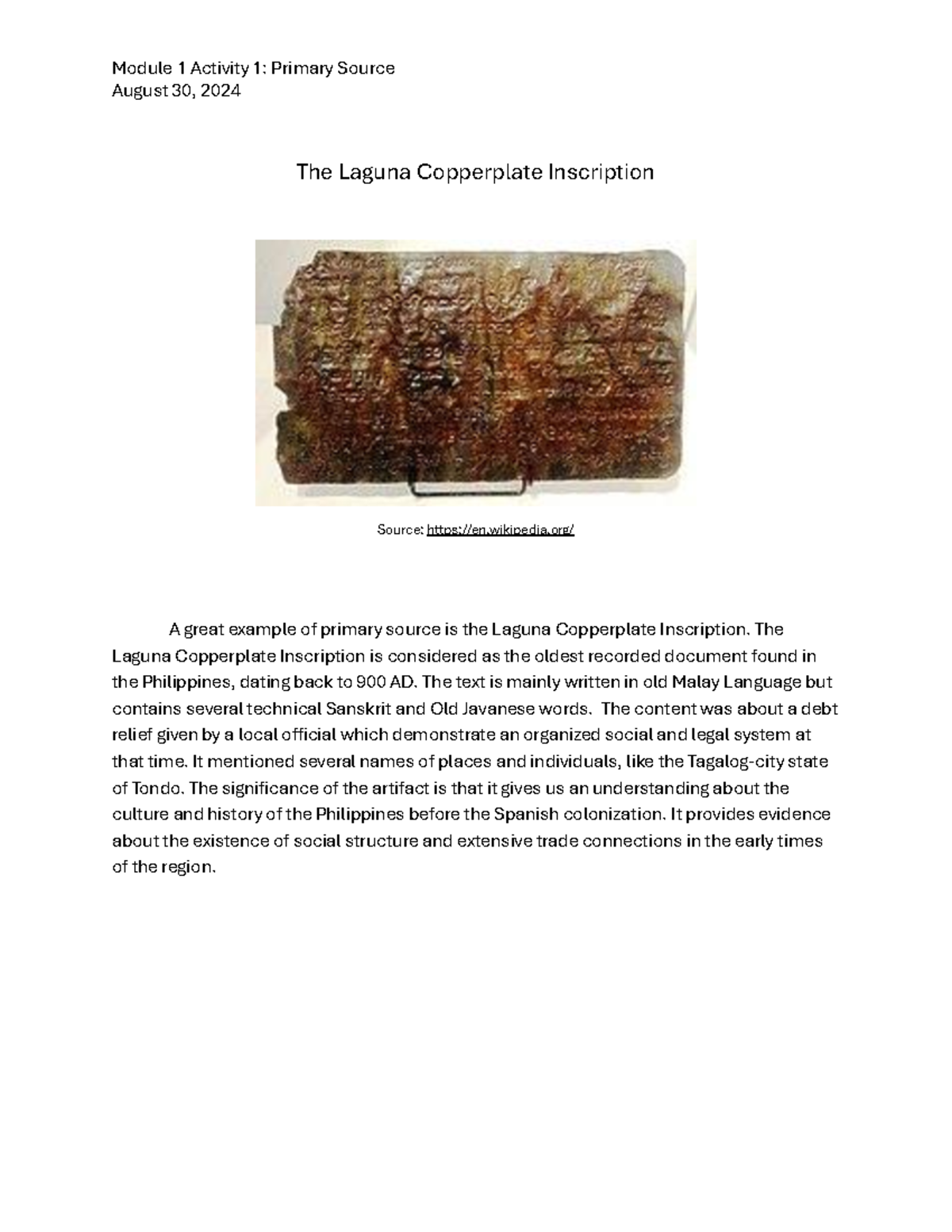The Laguna Copperplate Inscription - Module 1 Activity 1: Primary ...